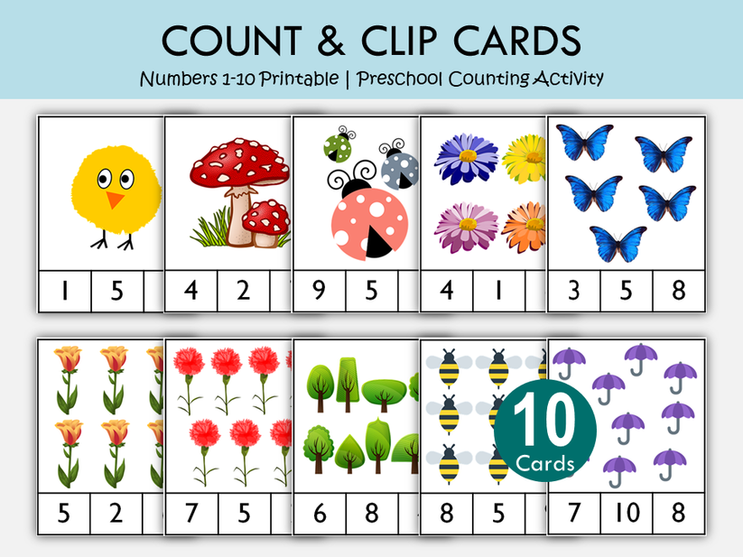 Number Preschool Printable, Number Clip Cards, Count and Clip Math Car ...