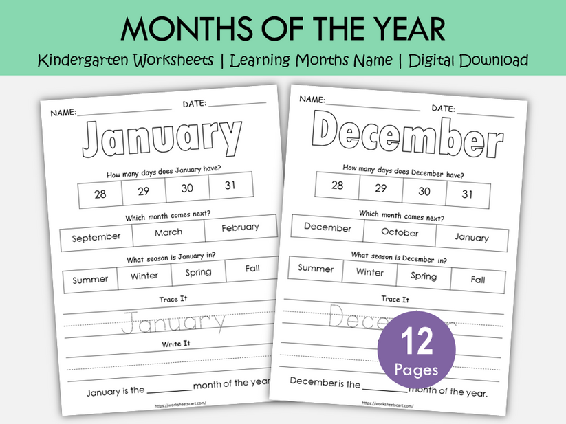 Months of the Year Worksheets Printable — Trace, Write, Seasons, Days ...