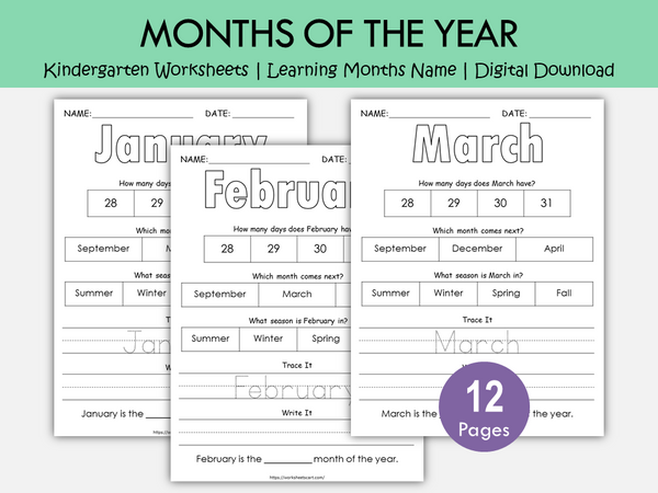 Months of the Year Worksheets Printable — Trace, Write, Seasons, Days ...