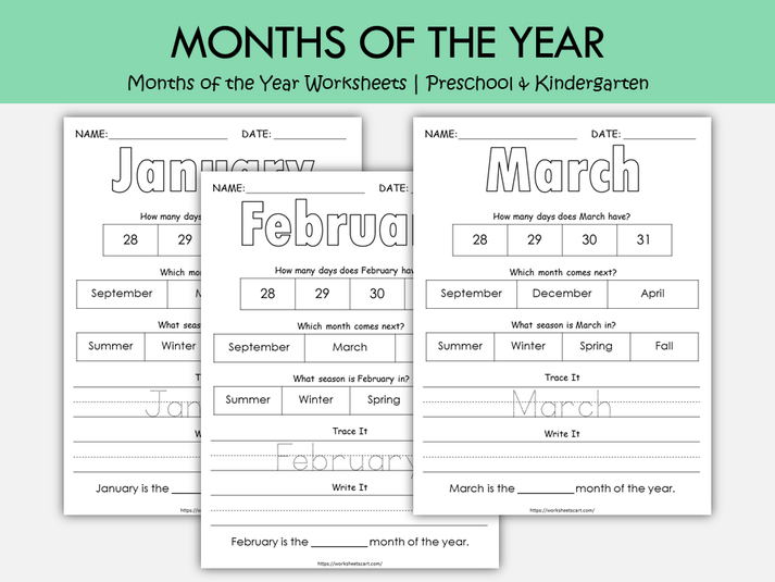 Months of the Year Worksheets Printable — Trace, Write, Seasons, Days ...