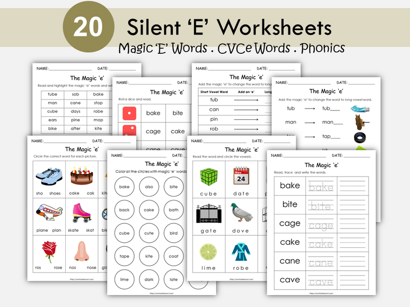 Silent E Words Printable, Kindergarten Worksheets, Magic E, Grade 1 En ...