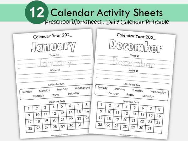 12 Daily Calendar Worksheet Pages, Preschool Printable, Month, Day, Da ...