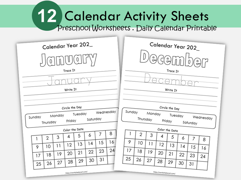 12 Daily Calendar Worksheet Pages, Preschool Printable, Month, Day, Da ...