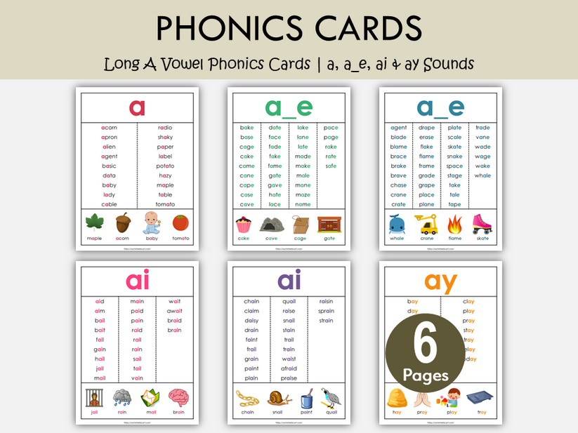 Long A Vowel Phonics Cards Printable | Magic E, AI & AY Word Lists | L ...