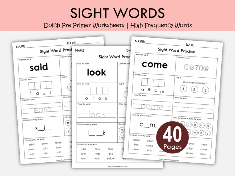 Dolch Pre Primer Sight Words Worksheets Printable | Kindergarten & Pre ...