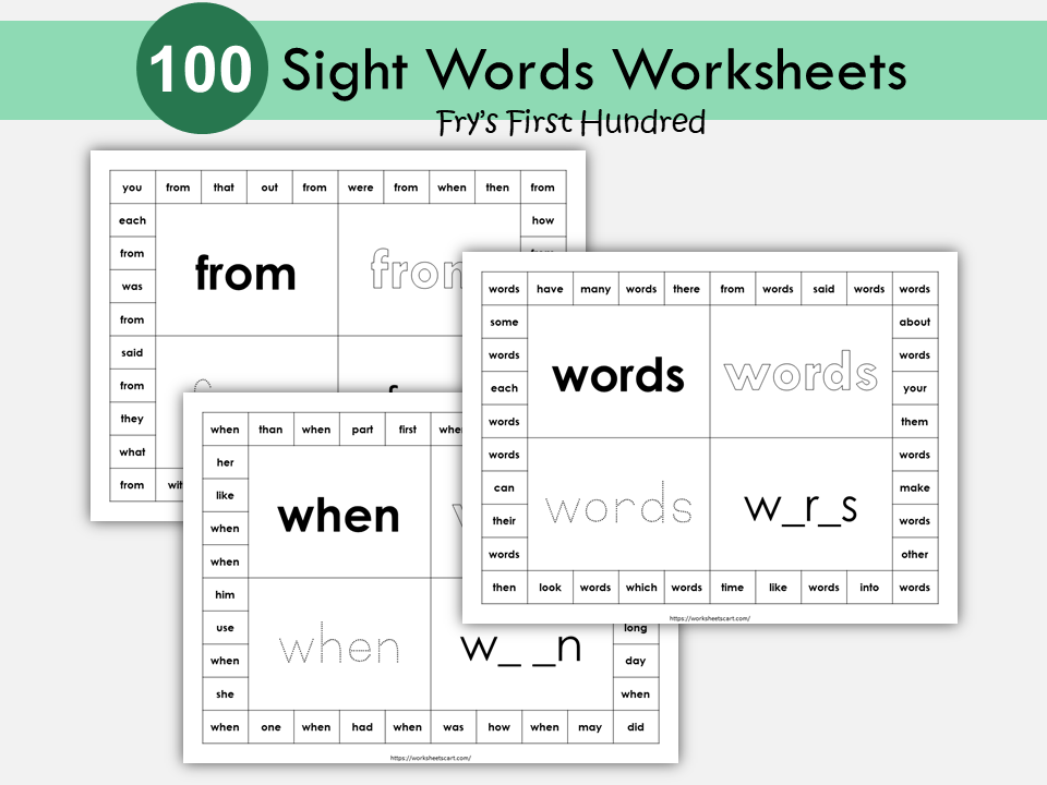 100 Printable Fry's First Hundred Sight Words Worksheets, Kindergarten ...