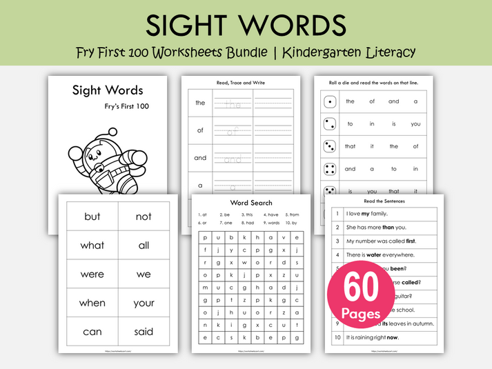 100 Printable Sight Words Bundle, Kindergarten Sight Word Worksheets ...