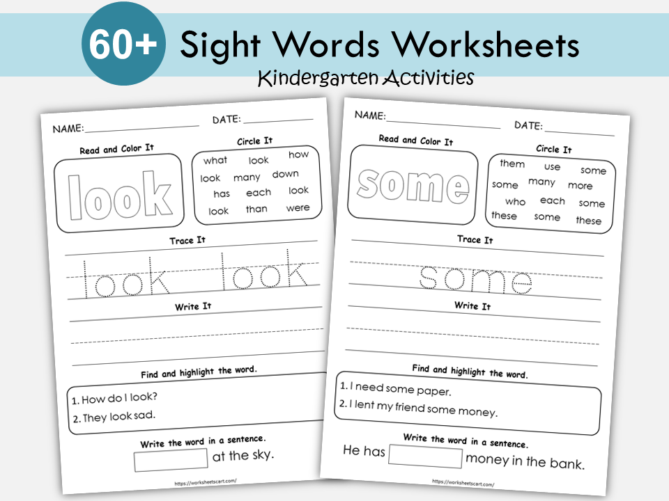 60 Printable Sight Words Bundle, Kindergarten Sight Word Worksheets, P ...