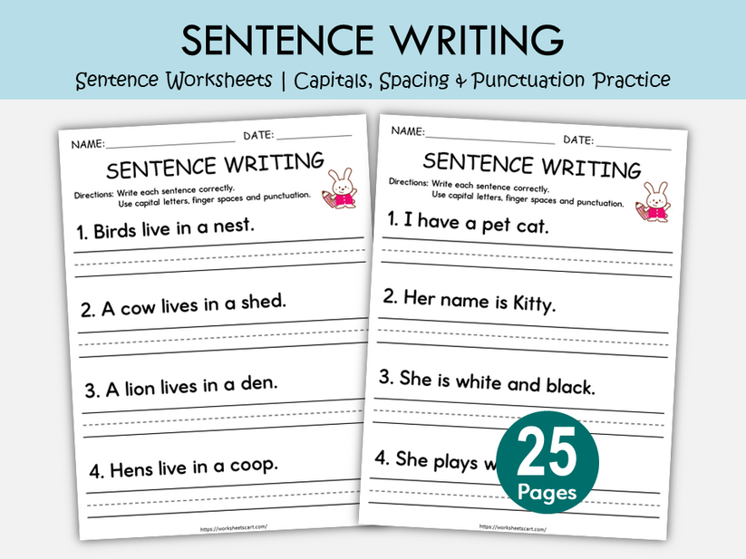 25 Sentence Writing Practice Worksheets | Capital Letters, Finger Spac ...