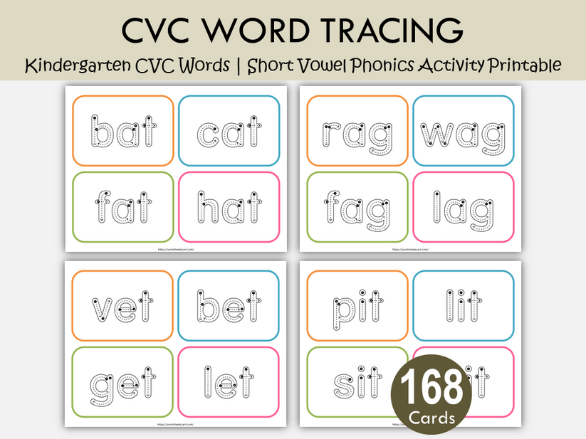 CVC Word Tracing Cards Printable – 168 Colorful Phonics Flashcards – K ...