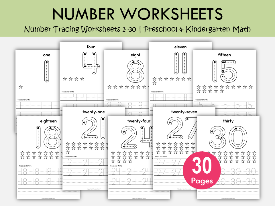30 Number Tracing Worksheets Printable | Numbers 1-30 with Number Word ...