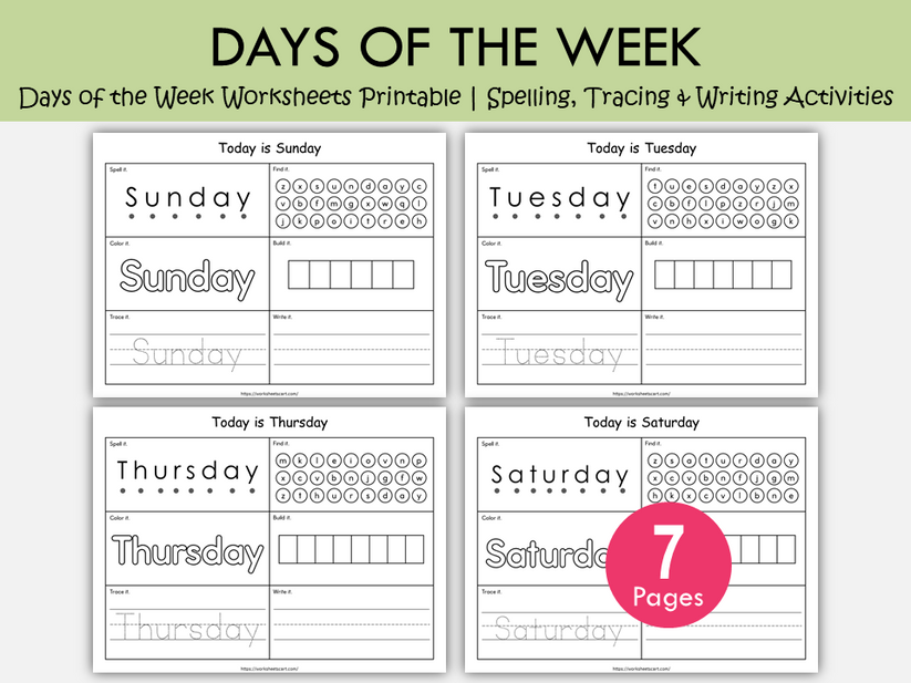 Days of the Week Worksheets Printable | Spell It, Trace It, Color It ...