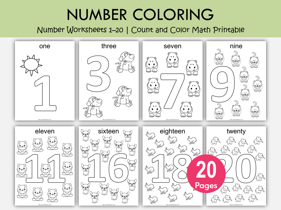 Number Coloring Pages (1-20) Printable, Preschool Worksheets, Coloring ...