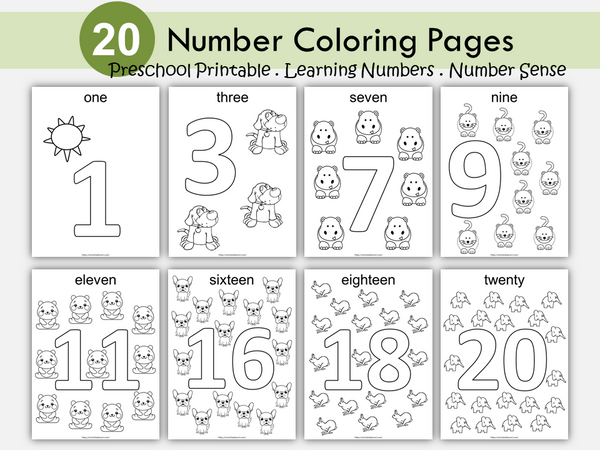 Number Coloring Pages (1-20) Printable, Preschool Worksheets, Coloring ...