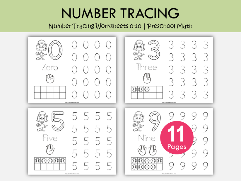 0-10 Number Tracing, Baseball Theme Preschool Worksheet Printable, Han ...