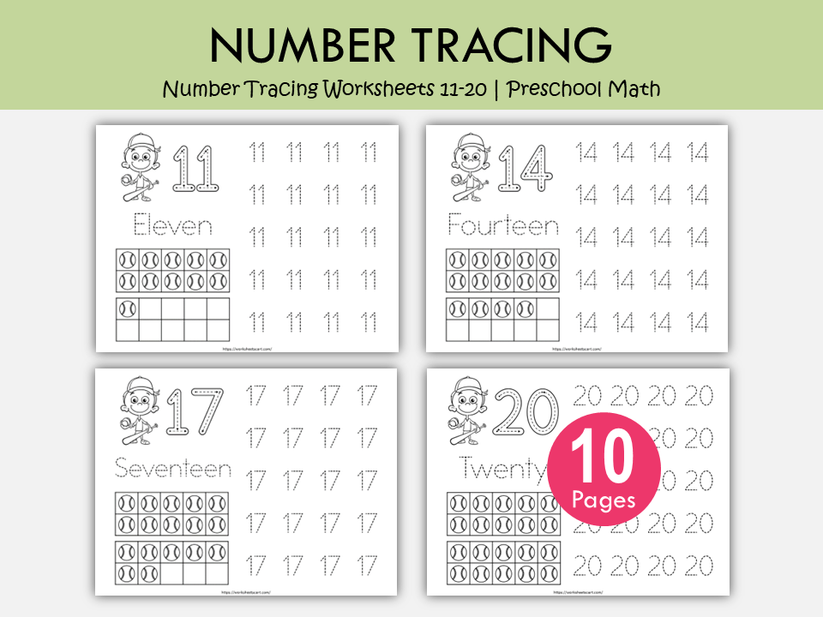 11-20 Number Tracing Worksheets Printable, Baseball Theme Preschool Wo ...