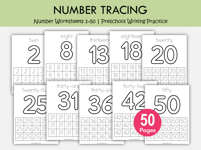 50 Number Tracing Worksheets, Trace Numbers, Preschool Worksheets, 50 ...